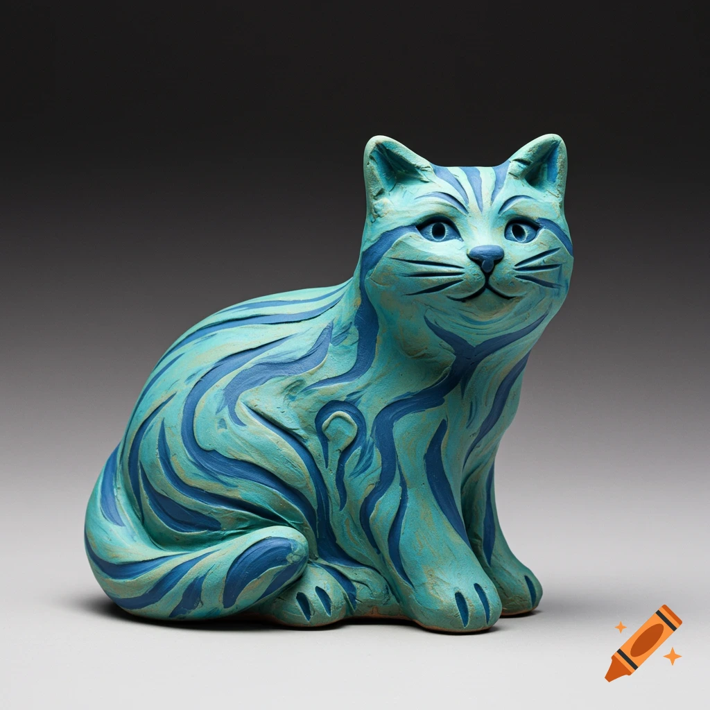 A ceramic sculpture of a cat painted with blue and teal wavy stripes ...