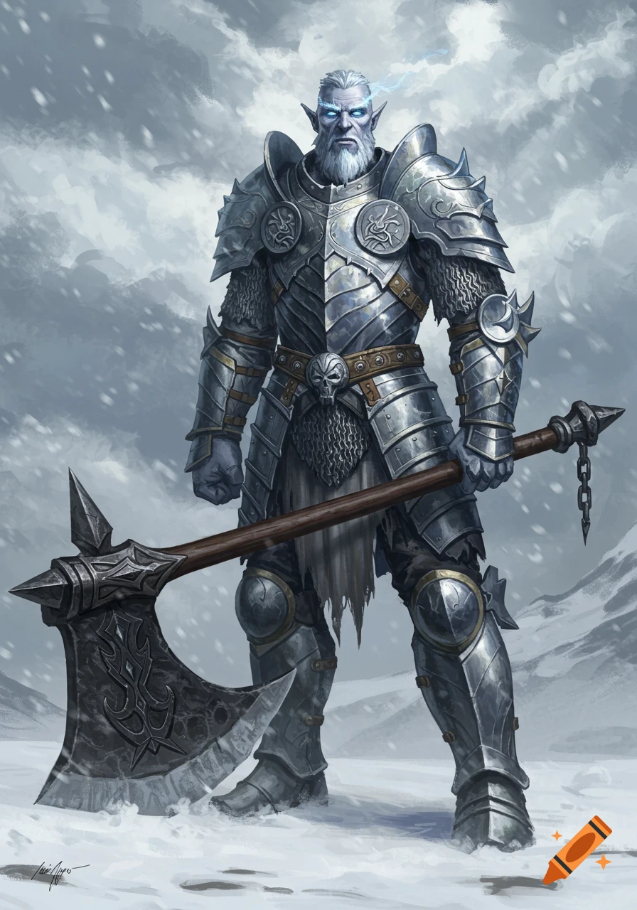 A frost giant in plate armor holds a large axe in a snowy landscape. on ...