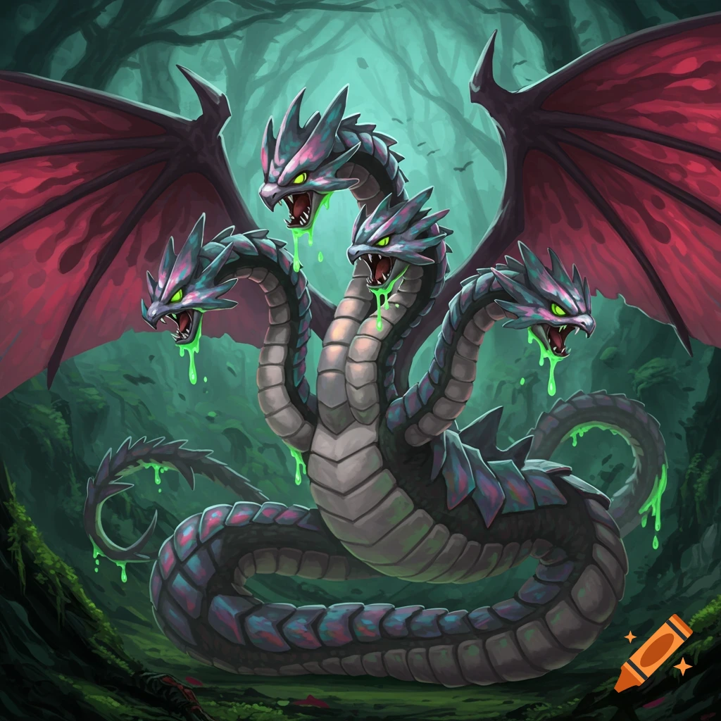 Four-headed hydra with red wings and green dripping poison in a forest ...