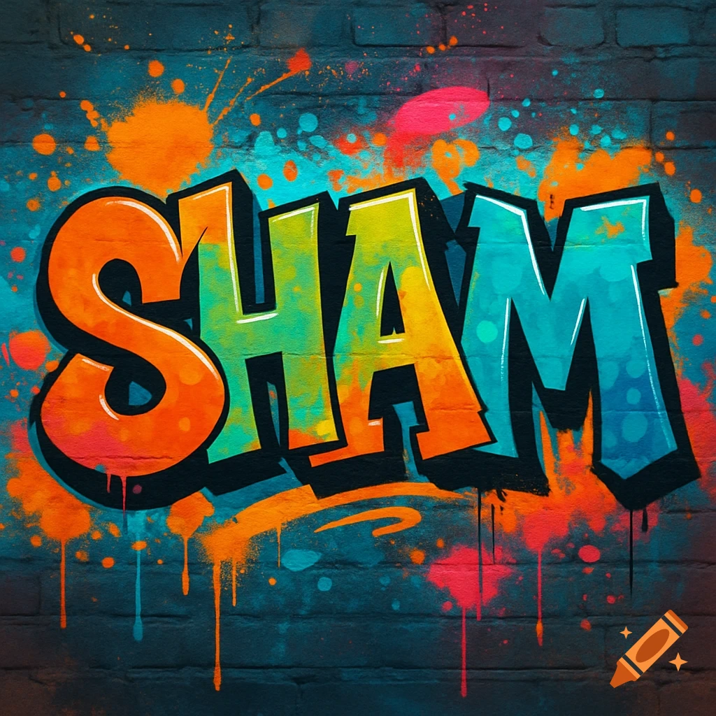 Colorful graffiti of the word SHAM on a brick wall with paint splatters ...