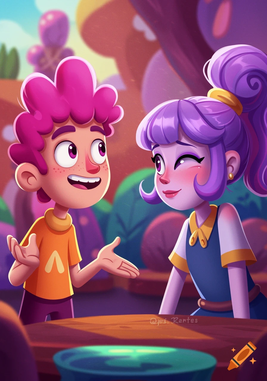 Colorful cartoon illustration of two stylized characters, one with pink ...