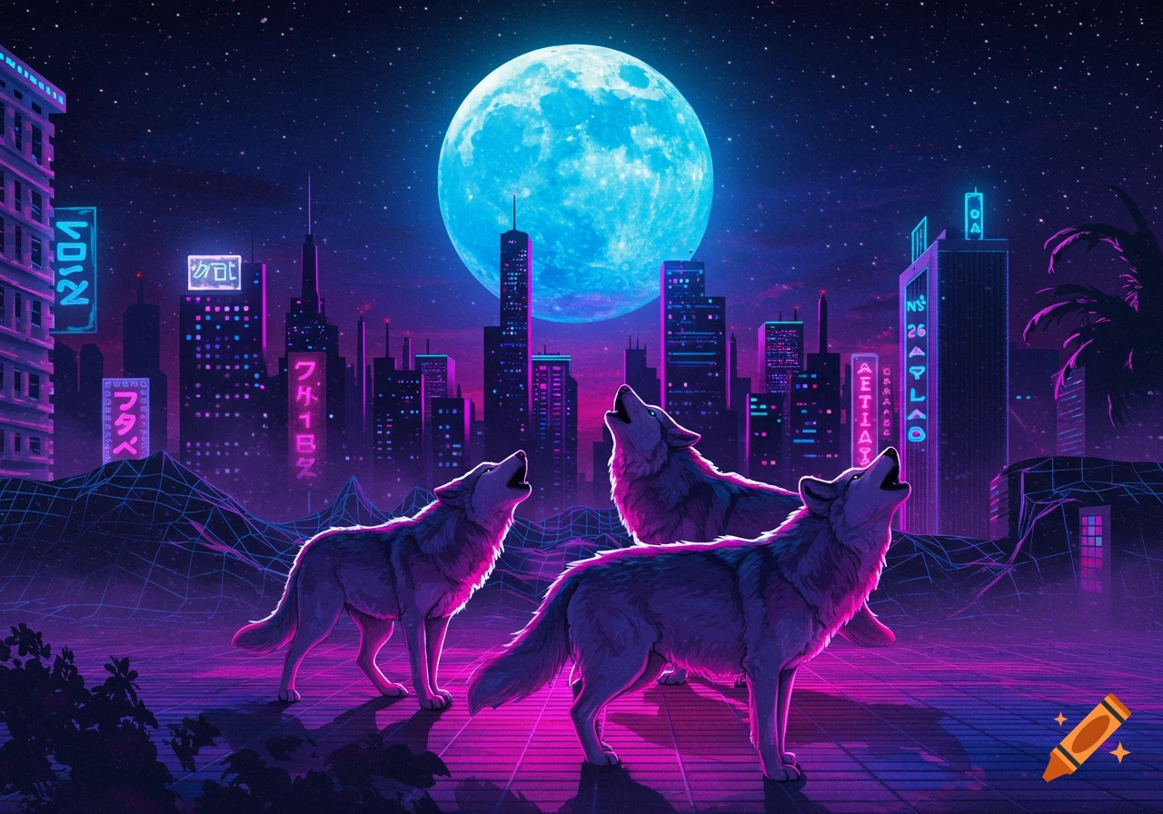 Wolves howl at a large full moon over a futuristic city in a vibrant ...