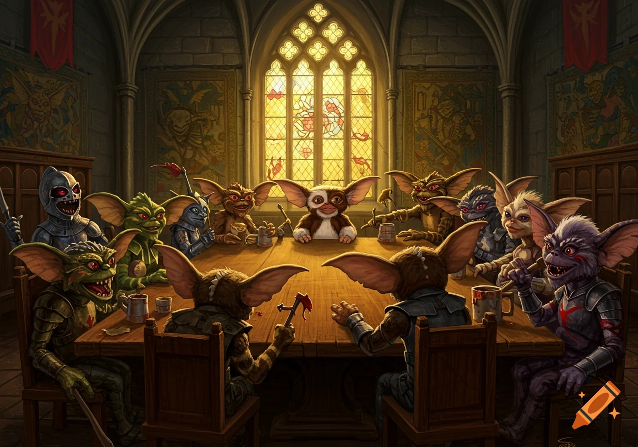 Gremlins gathered around a table in a medieval hall, like knights of ...