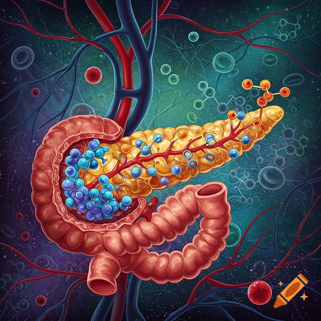 Medical illustration of a pancreas, intestines, blood vessels, and ...