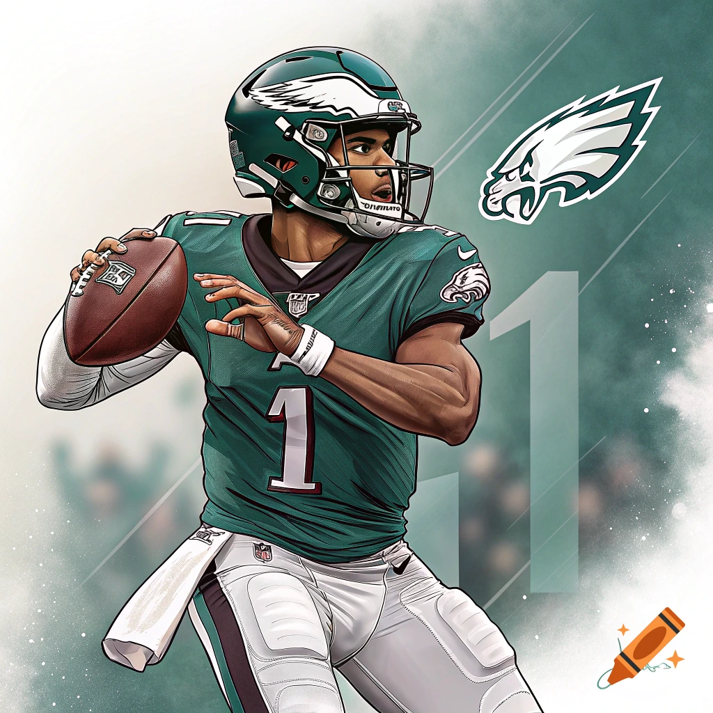 Illustration of Philadelphia Eagles quarterback Jalen Hurts holding a football. on Craiyon