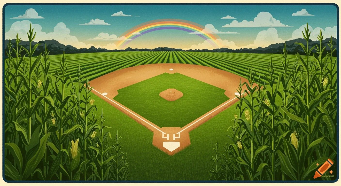 Stylized illustration of a baseball field in a cornfield under a ...