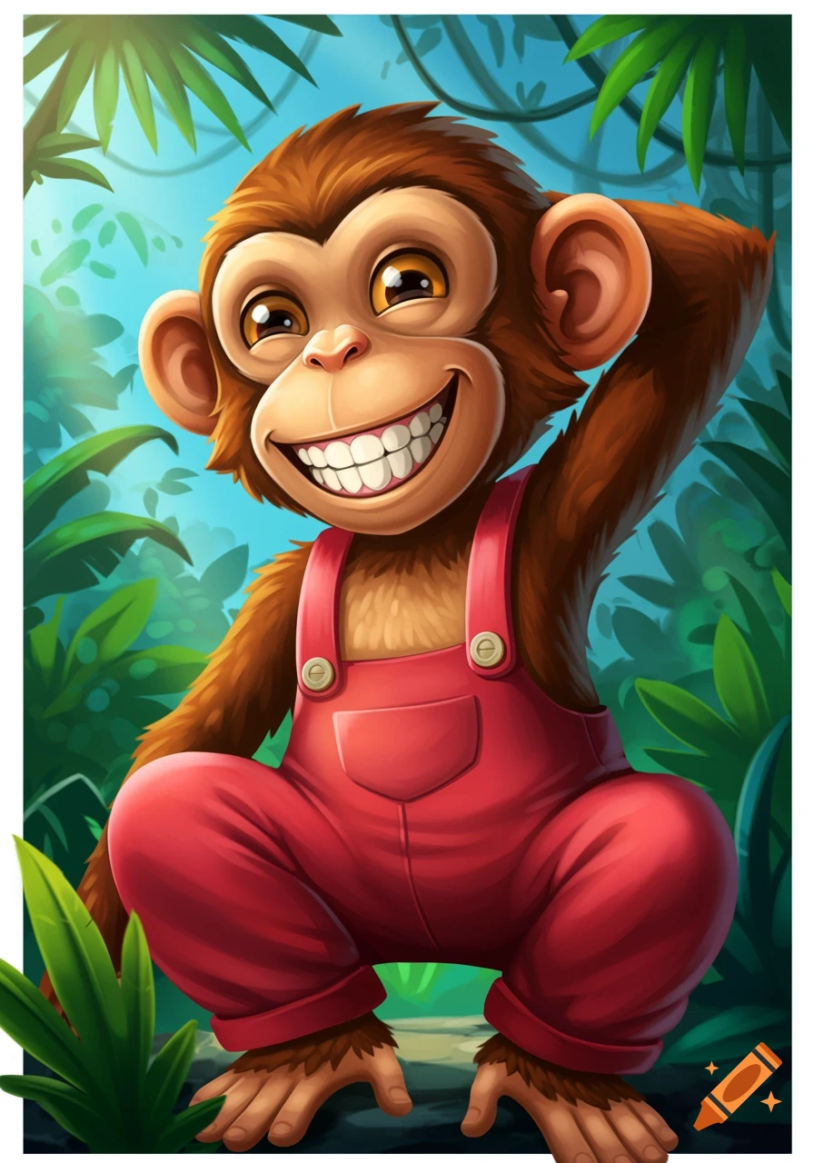 A cartoon monkey in red overalls squatting and smiling in a jungle ...