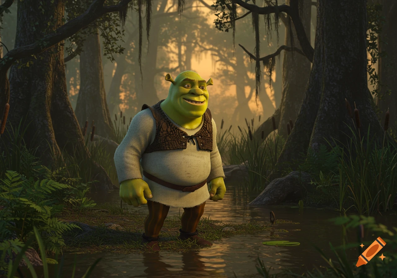 Shrek stands in a swampy forest at sunset. on Craiyon