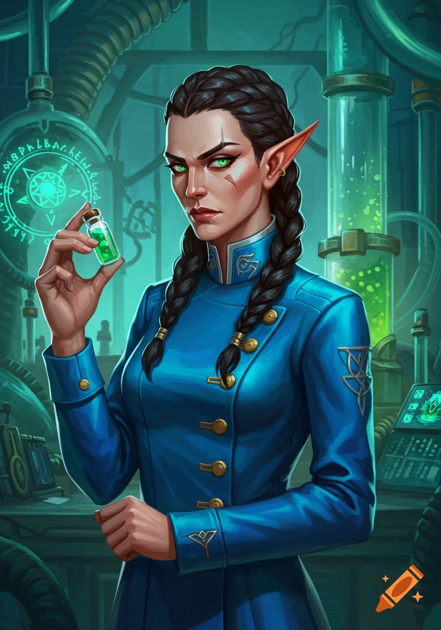 A stern elf woman in a blue lab coat holds a green potion in a ...