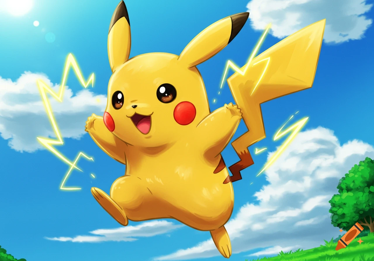 Stylized illustration of Pikachu jumping outdoors with lightning. on ...