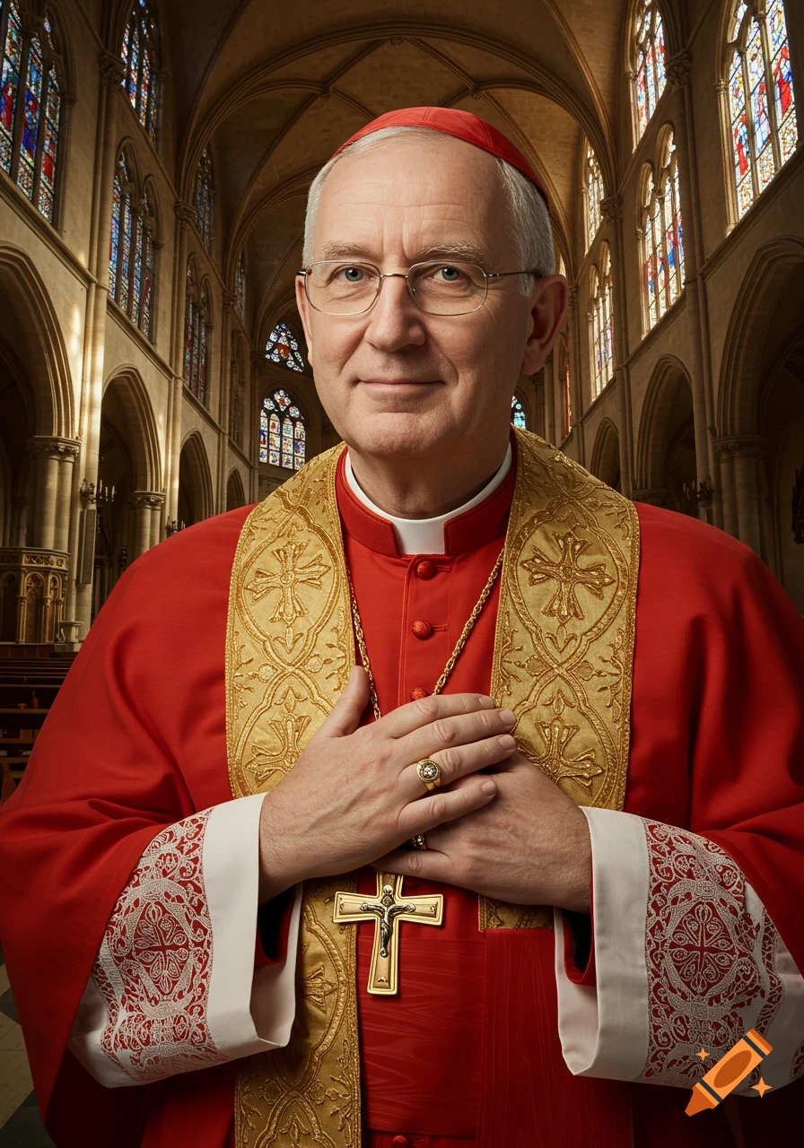 A portrait of a cardinal in a red cassock and biretta, standing in a ...