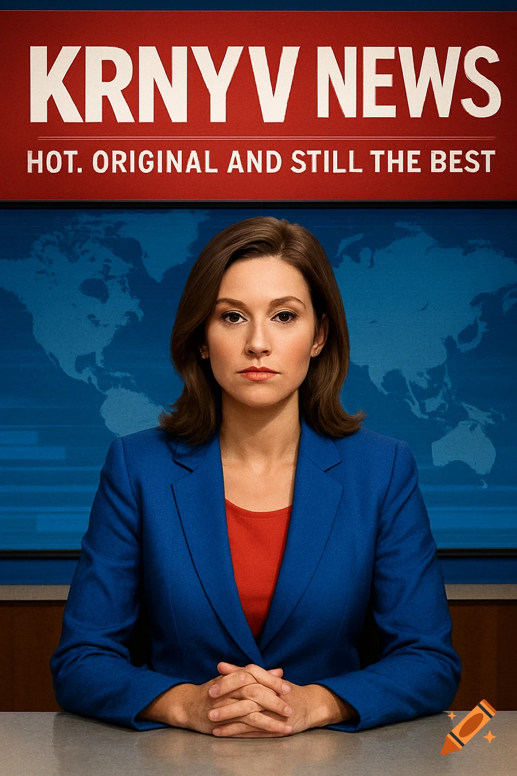 A news anchor sits at a desk in a studio with a red banner behind her ...