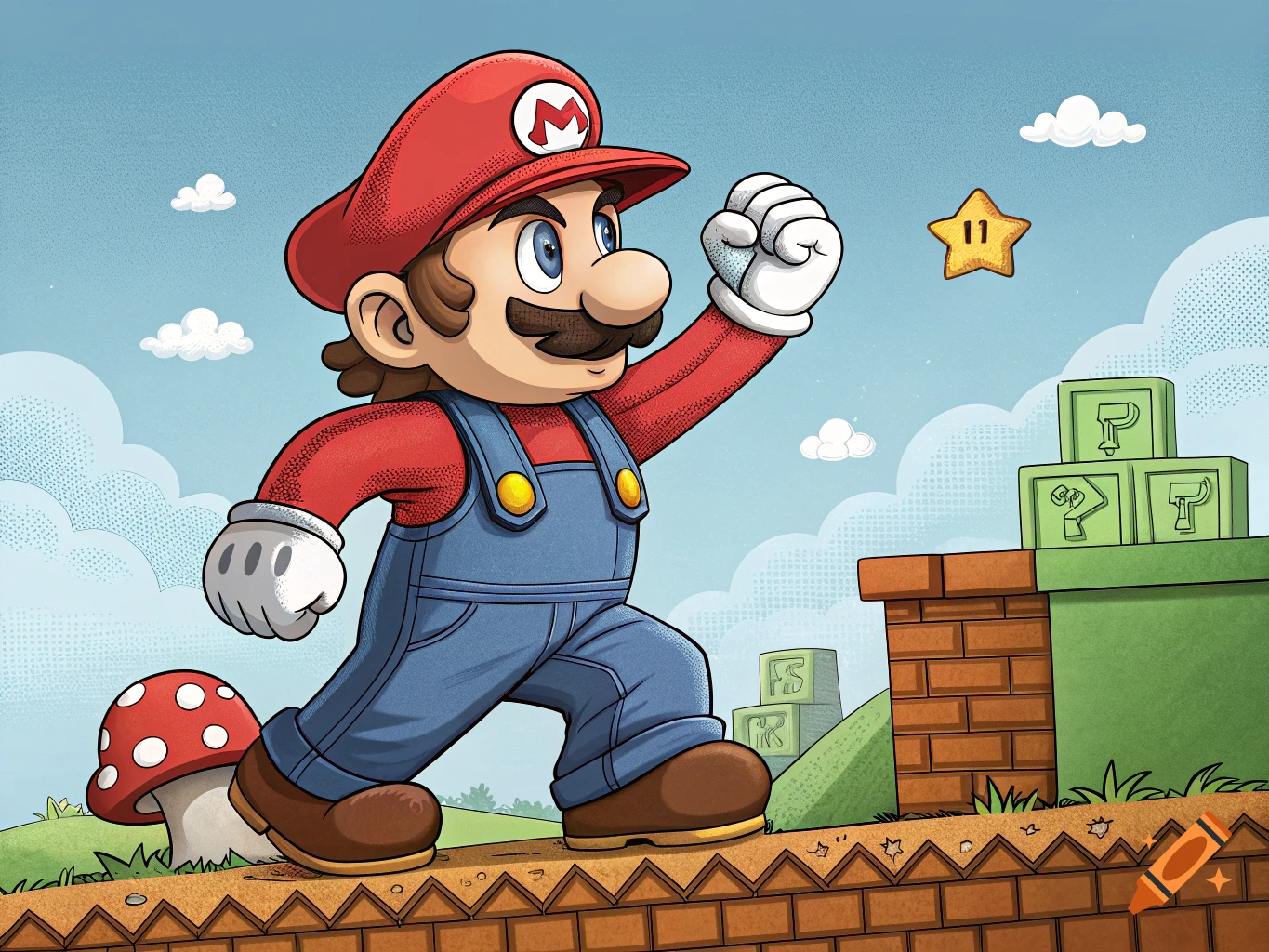 Cartoon illustration of Mario running on a brick platform in a video ...