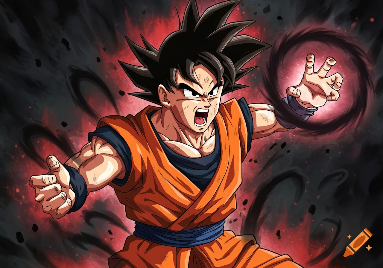 Anime illustration of Goku from Dragon Ball powering up with a dark ...