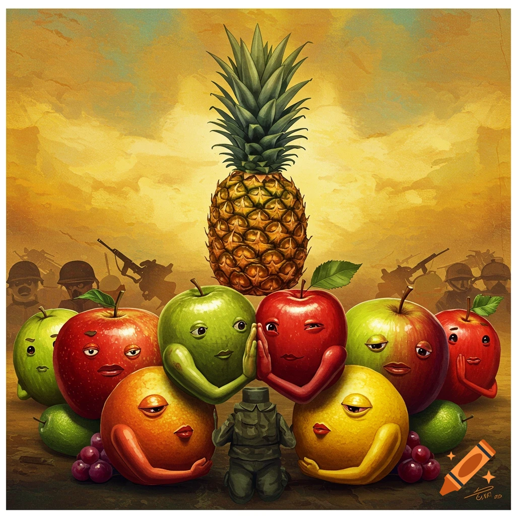 Anthropomorphic fruits and small soldier pray on a battlefield, painted ...