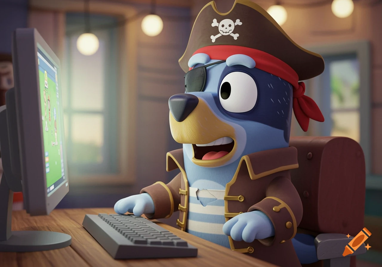 Cartoon character Bluey dressed as a pirate playing on a computer on ...