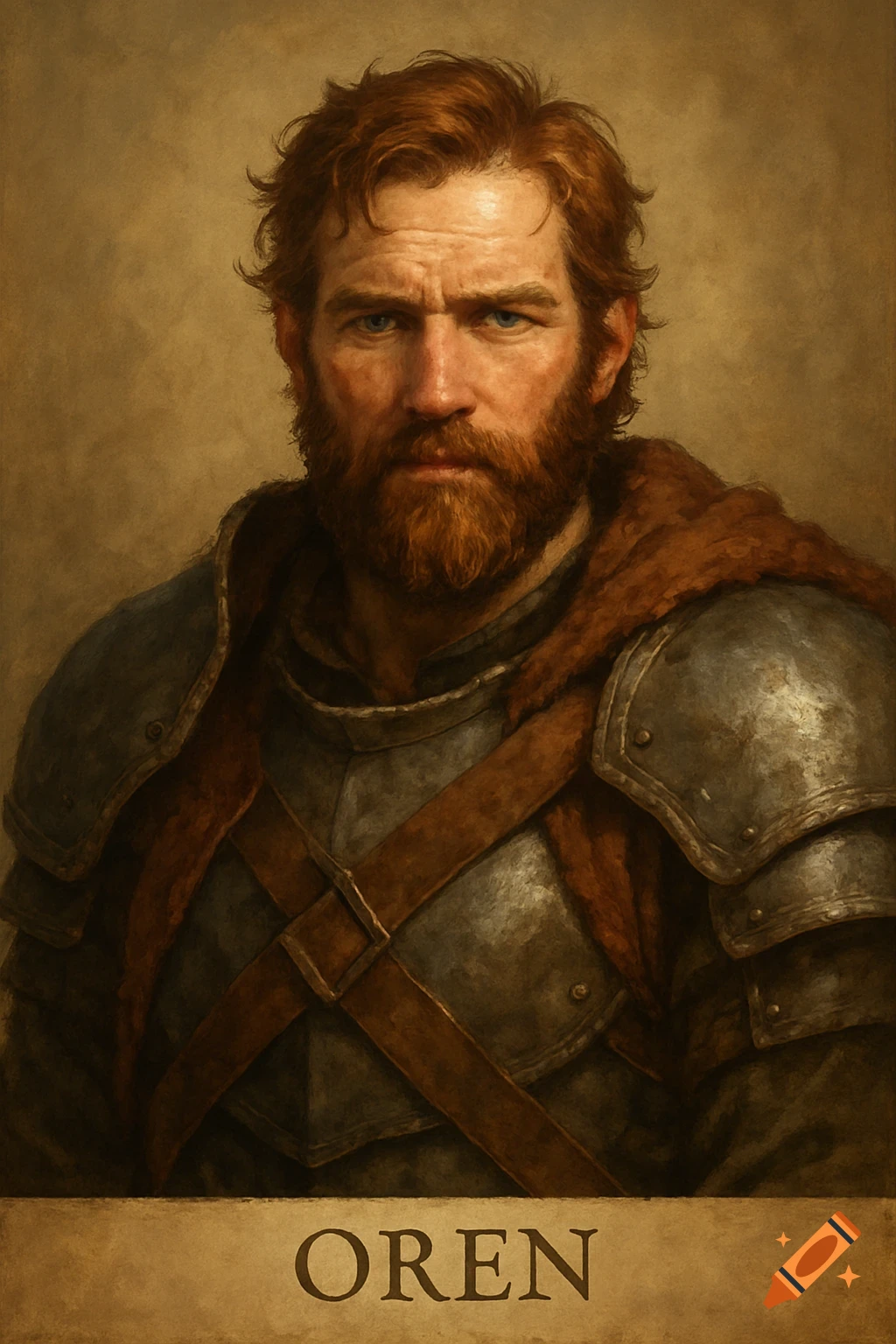 Portrait of a man with red hair and beard wearing armor, with the name ...