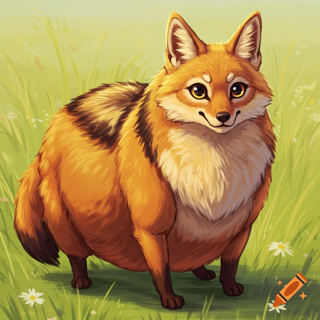 A plump, orange fox-like creature stands in a field of green grass and ...