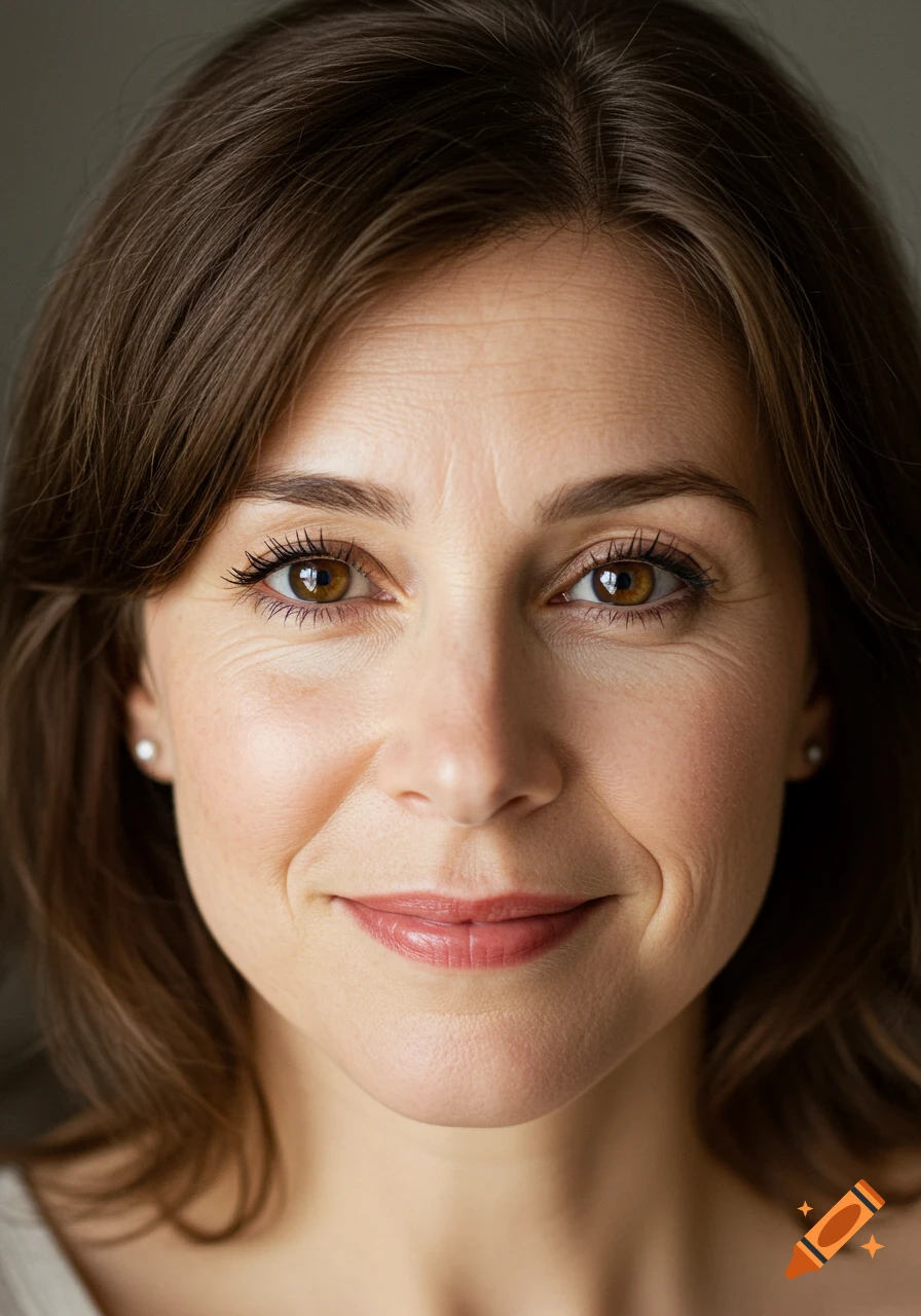 Close-up portrait of a woman with brown eyes smiling faintly. on Craiyon