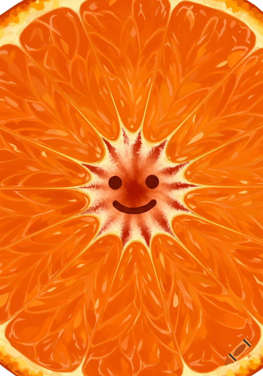 Close-up cross-section of an orange or tangerine with a simple smiley ...