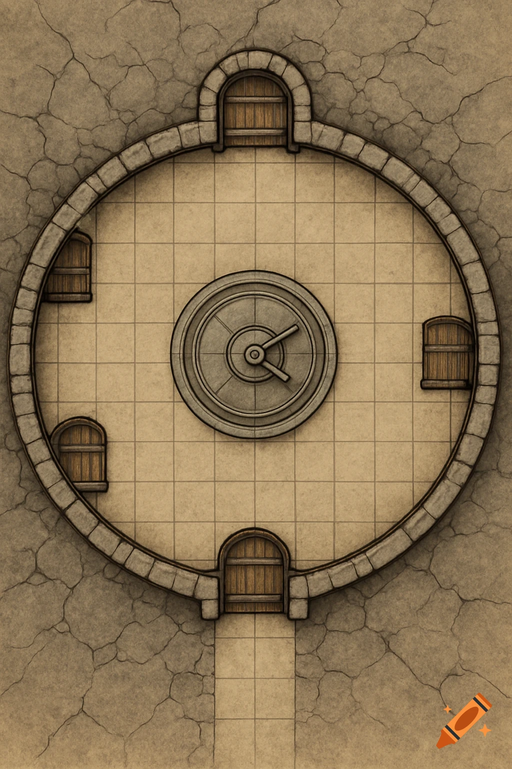 Top-down fantasy battle map of a circular vault room with a central ...