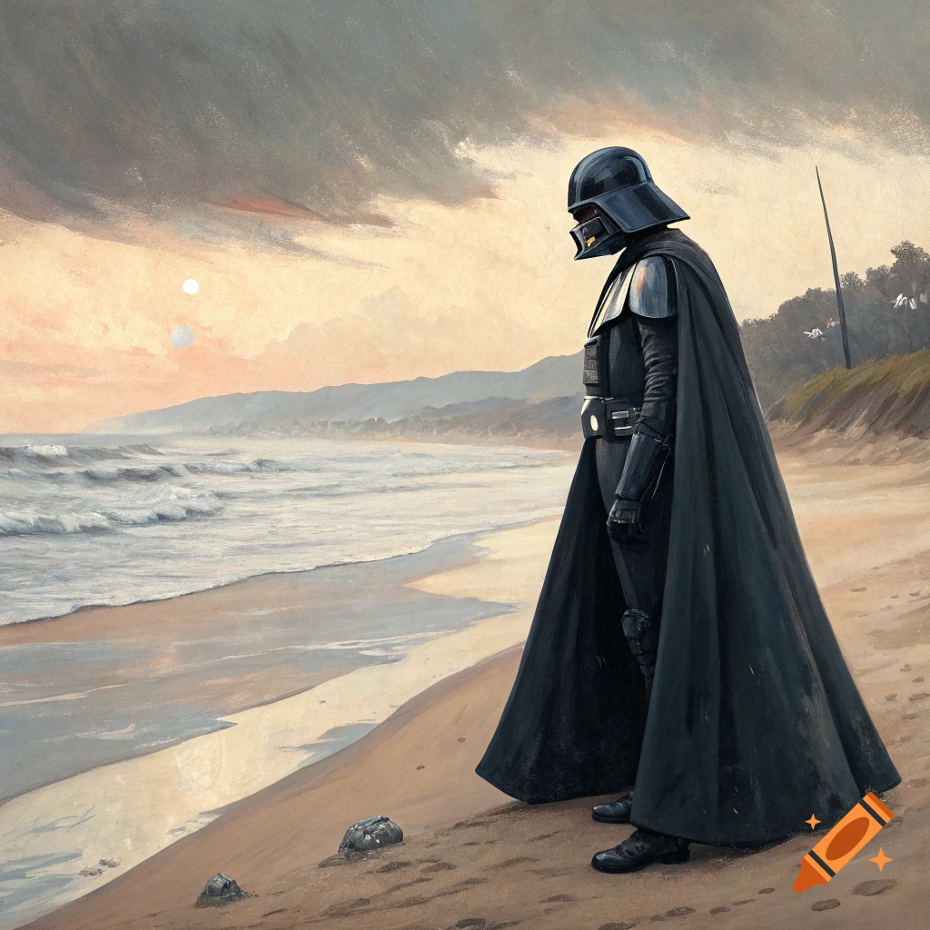Darth Vader stands on a beach looking at the ocean in an impressionist ...