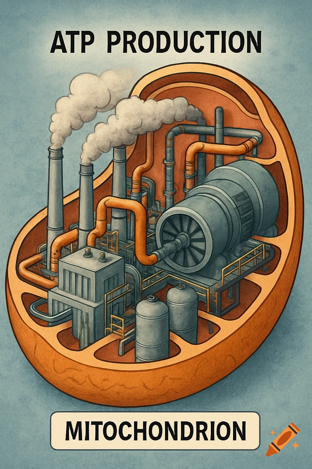 Illustration of a mitochondrion cross-section depicted as a power plant ...