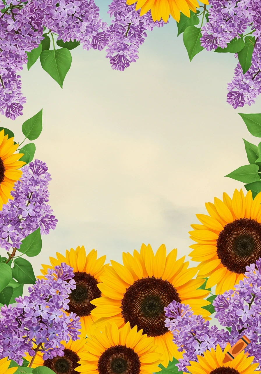 A border of purple lilac and yellow sunflowers around a light sky ...