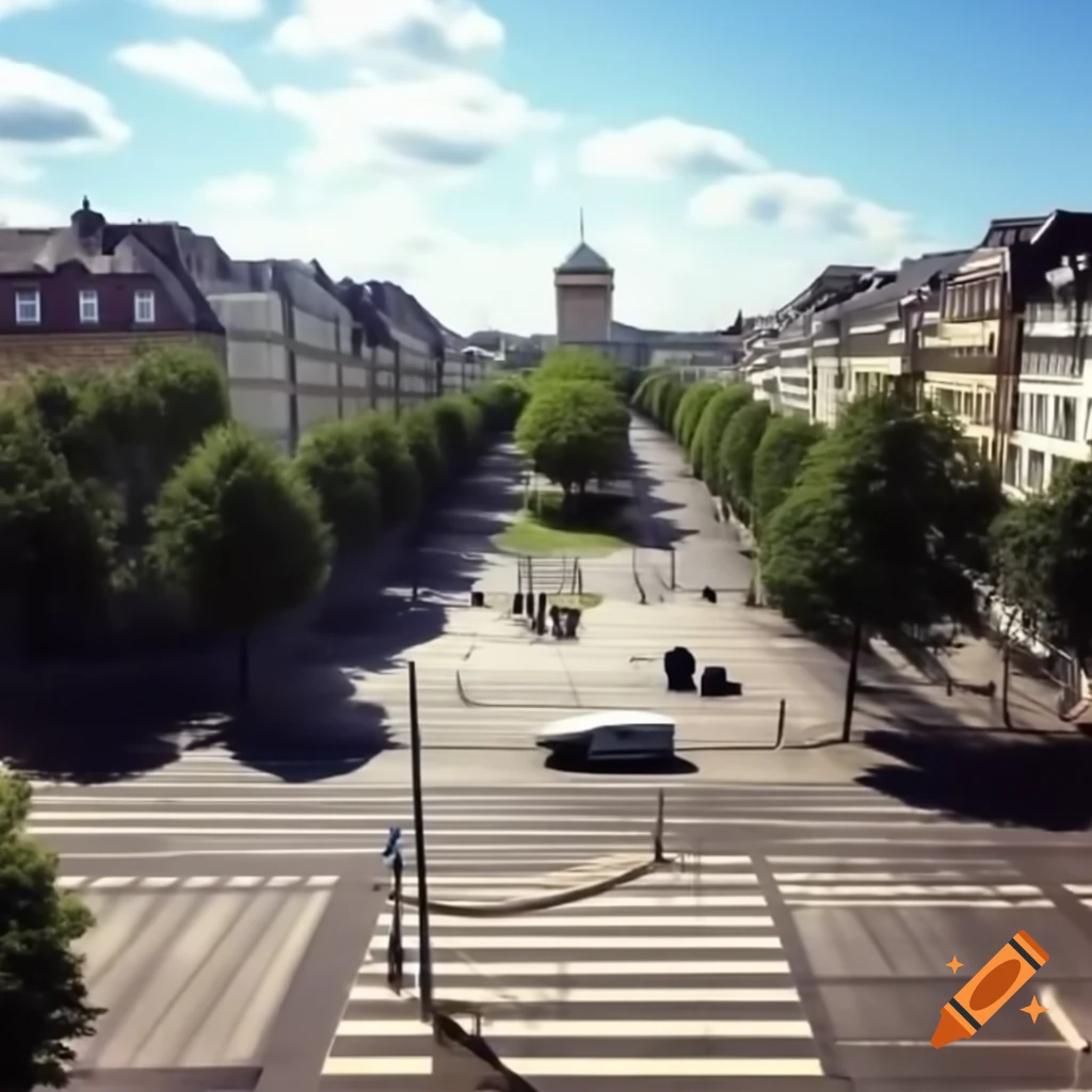 European city intersection with plaza and trees on a sunny day on Craiyon