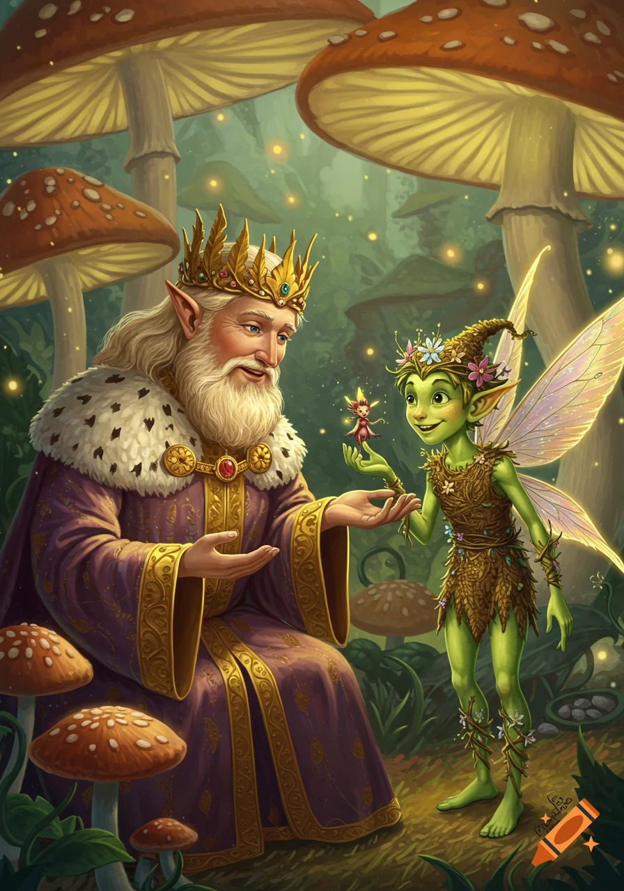A fairy king speaks with a small fairy in a magical mushroom forest. on ...