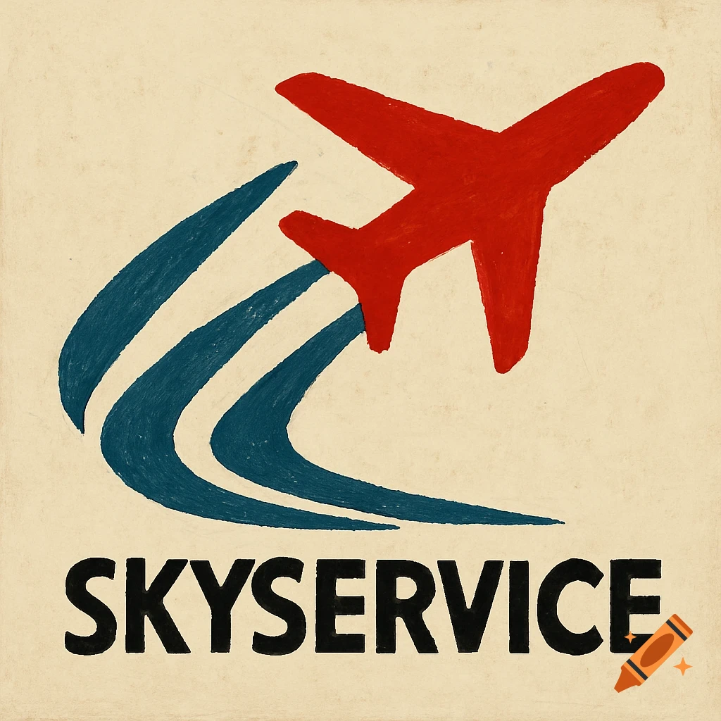 Retro logo for Skyservice with red airplane and blue swooshes on Craiyon