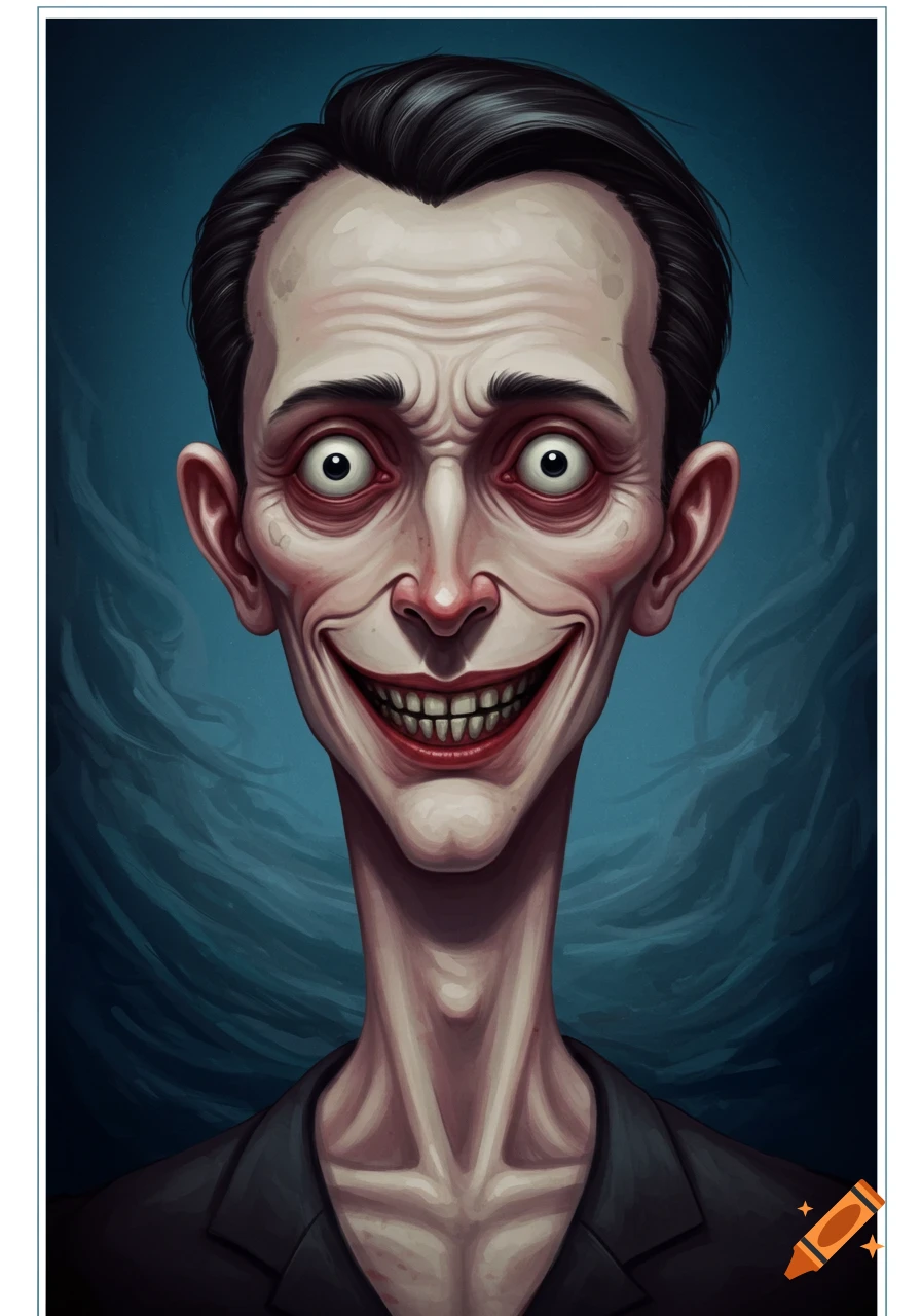 Stylized portrait of a gaunt, creepy man with wide eyes and a wide grin ...