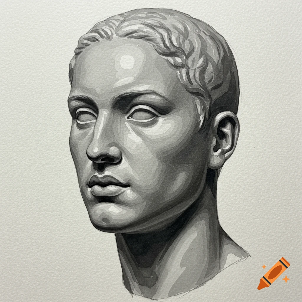 Grayscale head study drawing in grisaille gouache style. on Craiyon