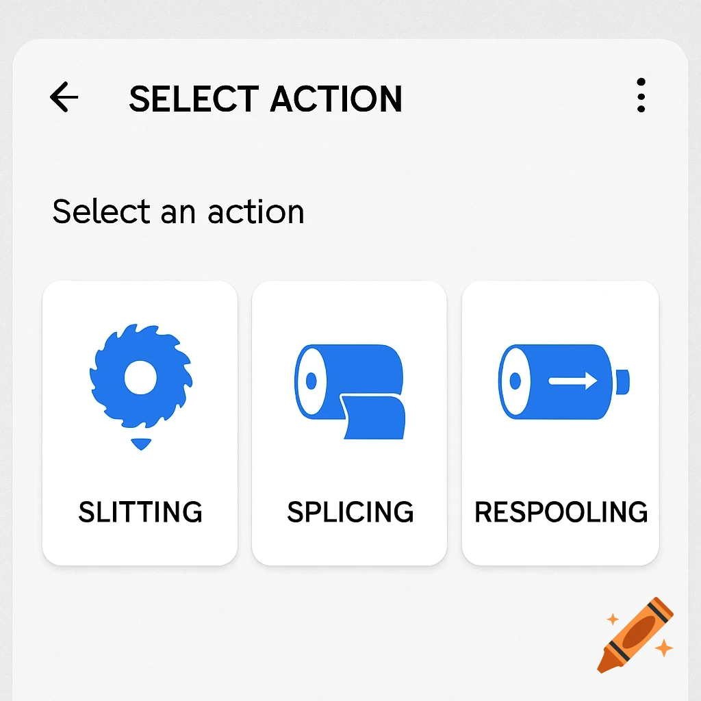 Mobile app UI screen showing three action cards: Slitting, Splicing ...