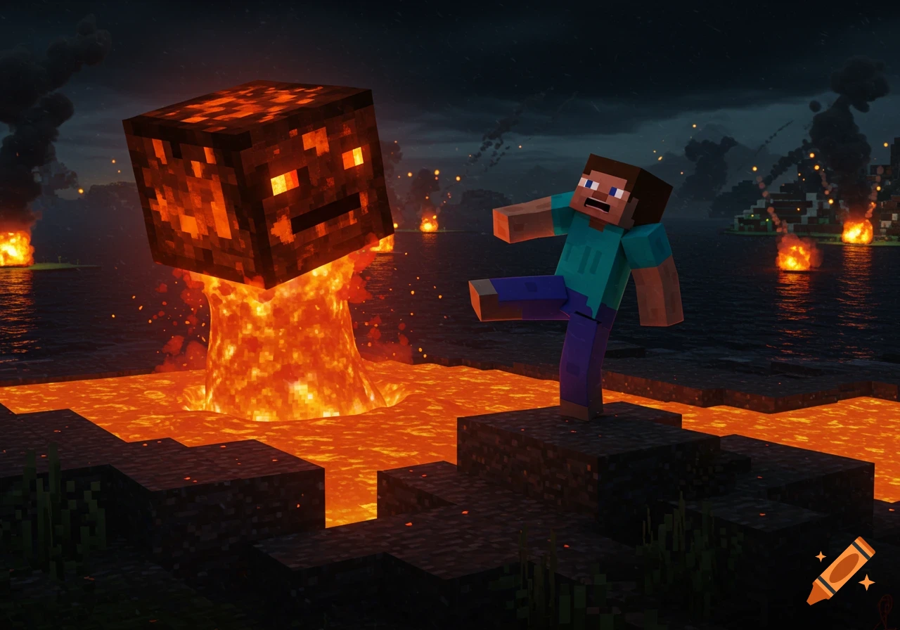 A Minecraft player character faces a large magma cube rising from lava ...