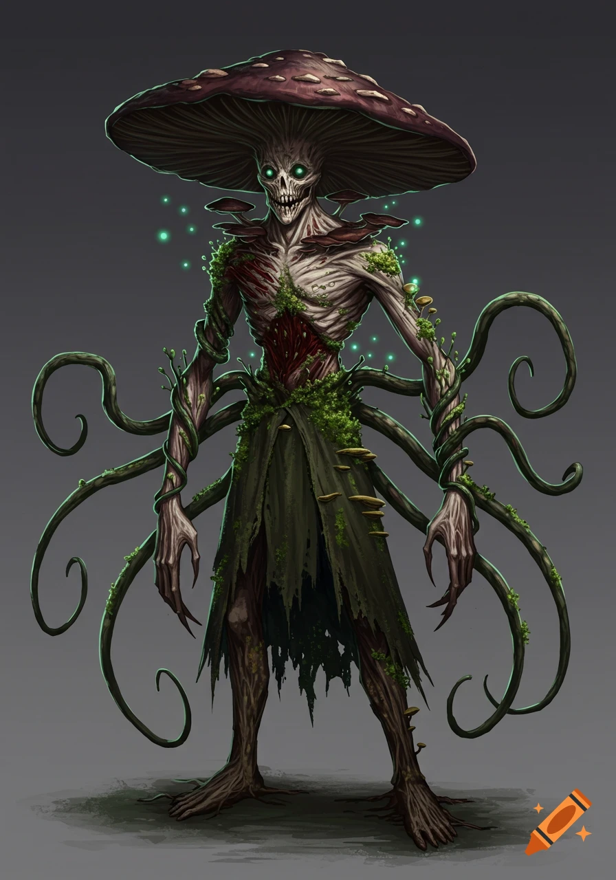 A fantasy illustration of a lanky mushroom creature with glowing eyes ...