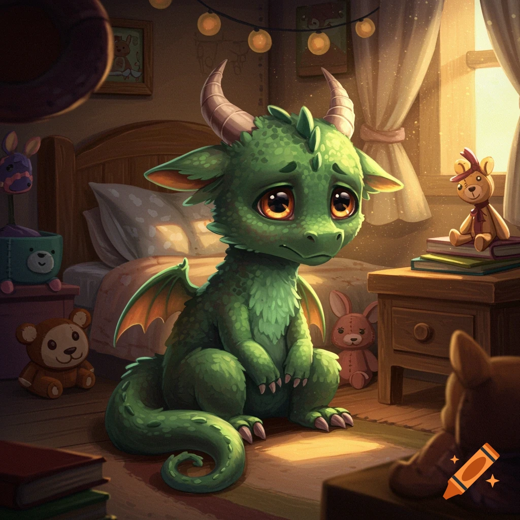 Illustration of a sad green dragon sitting on the floor in a child's ...