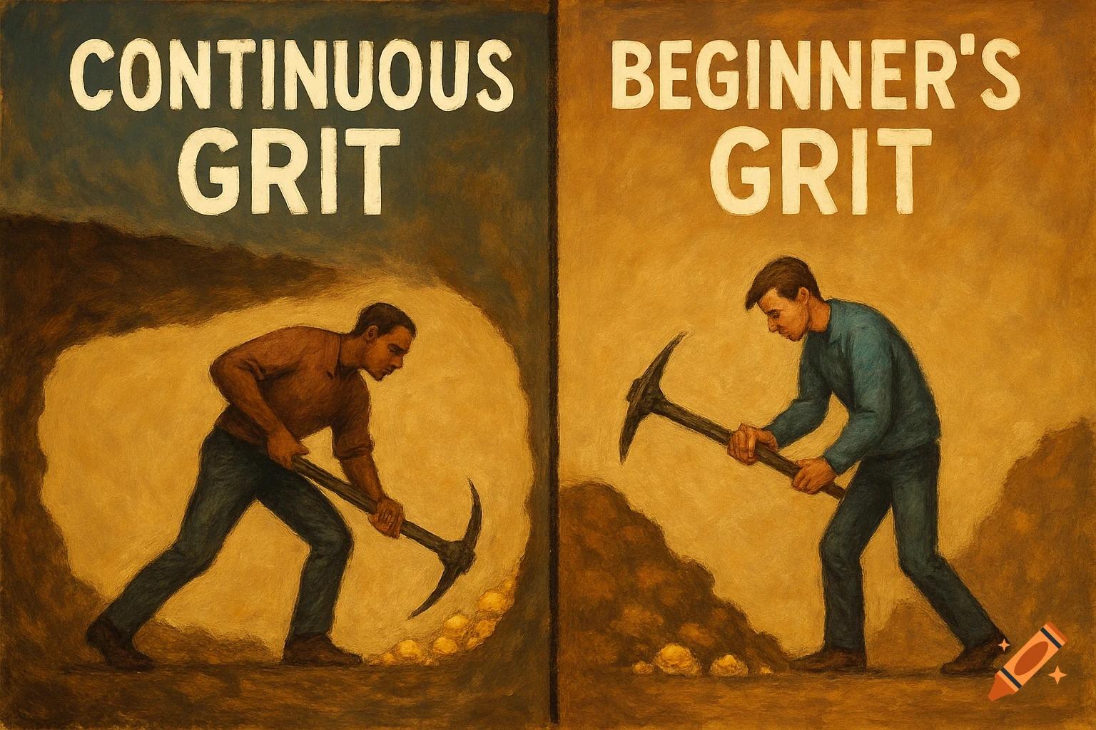 Split image shows miners digging. Left: 'CONTINUOUS GRIT', finds gold ...