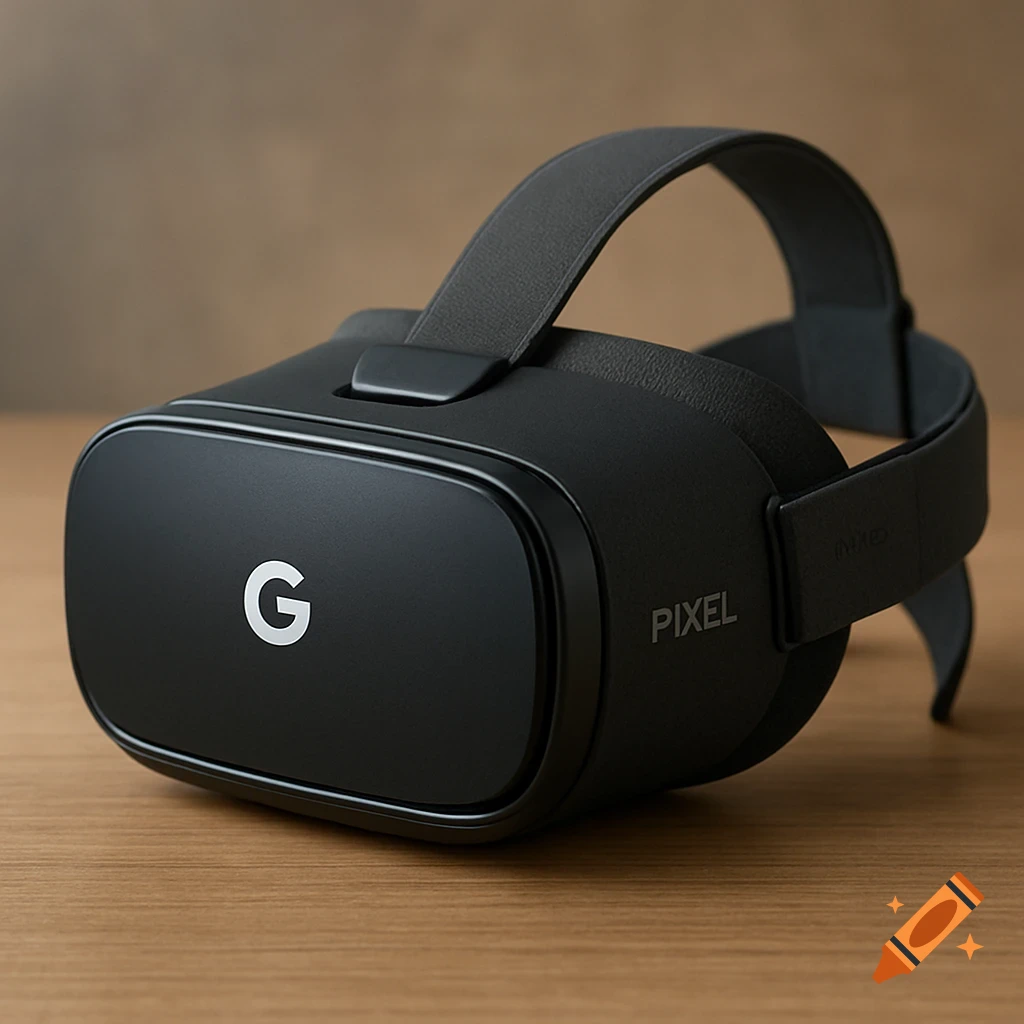 A black VR headset with Google and Pixel branding sits on a wooden ...
