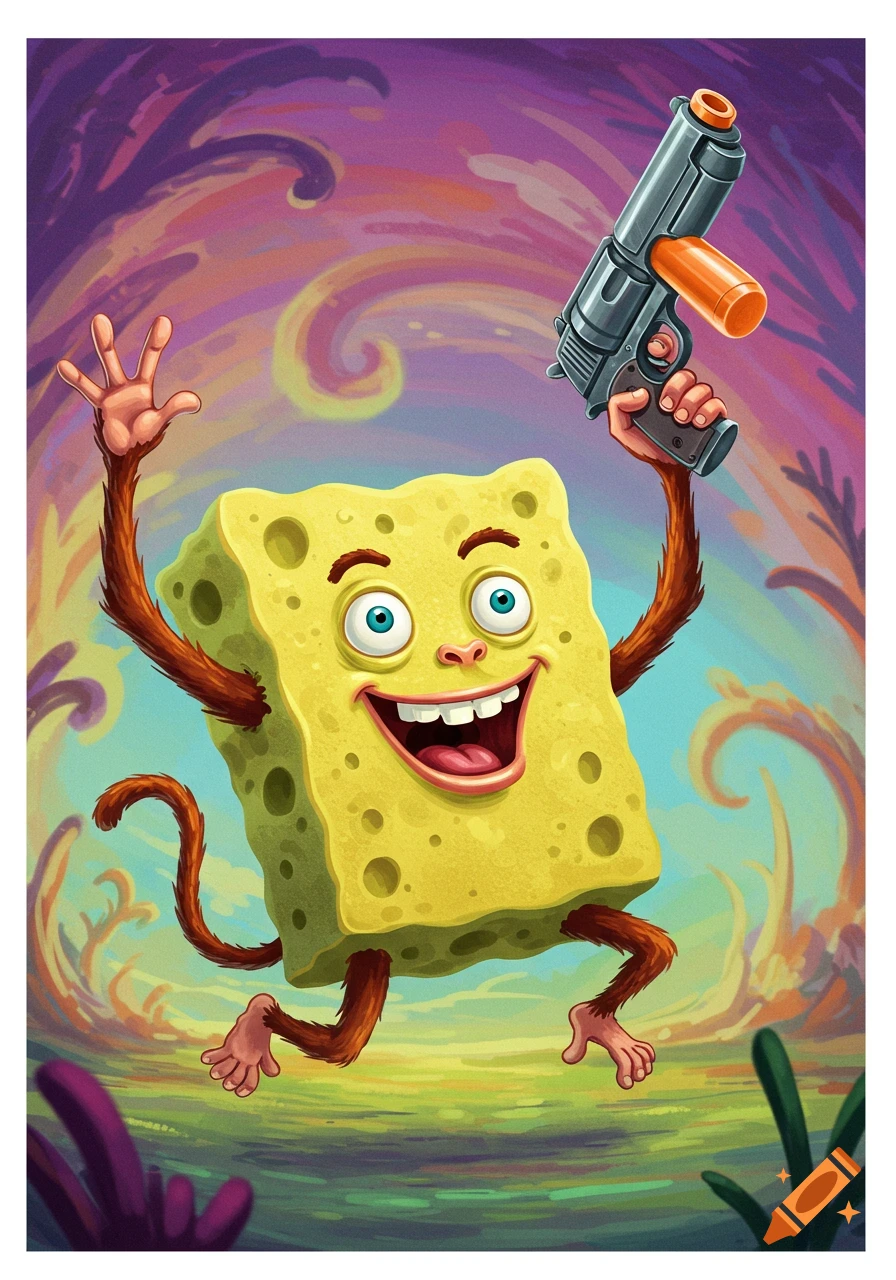 A cartoonish sponge creature with monkey limbs dances while holding a ...