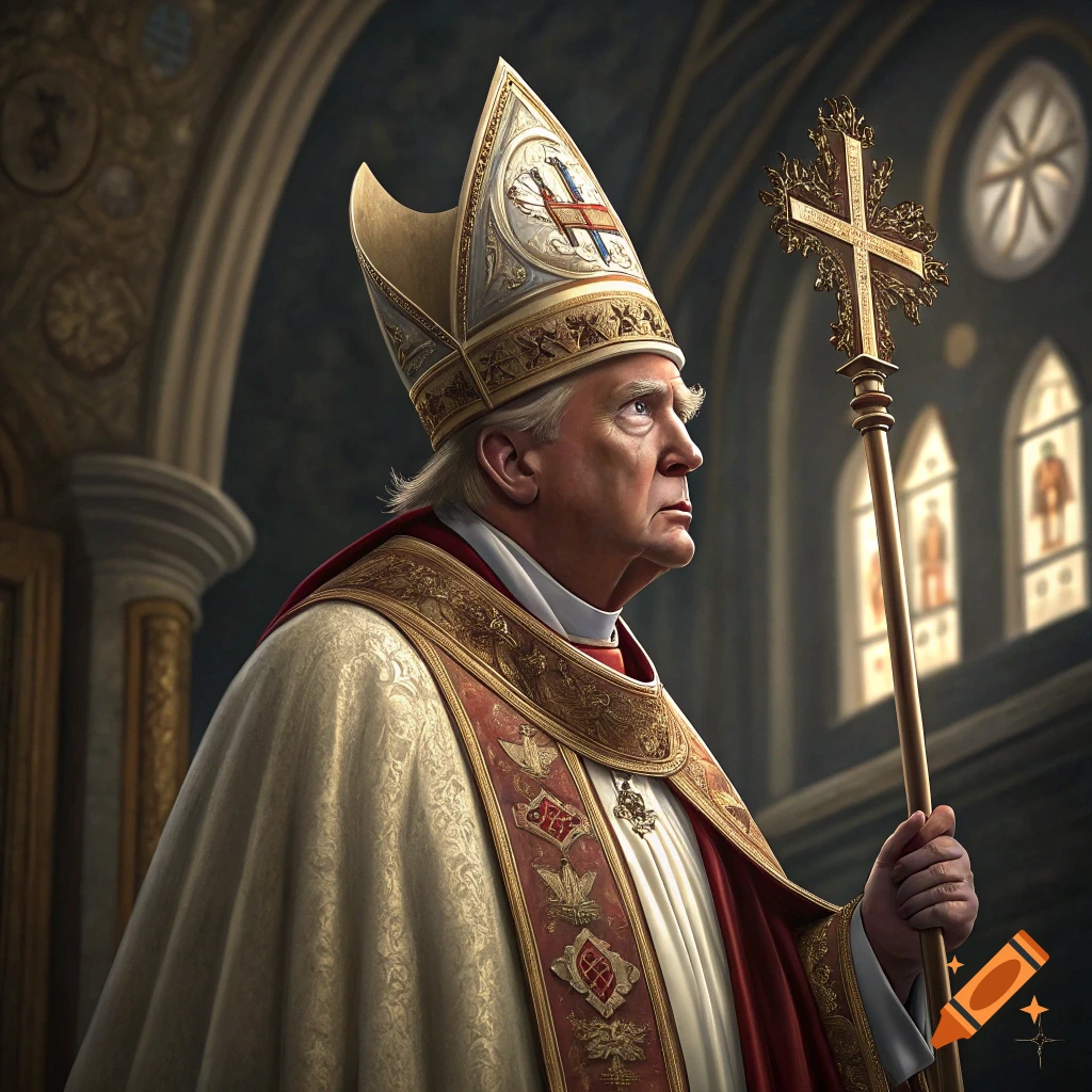Portrait of Donald Trump dressed as a Pope, holding a staff, in a ...