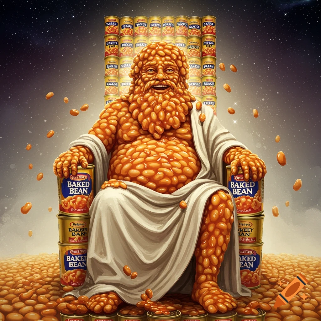 Figure made of baked beans sits on a throne of bean cans under a starry ...