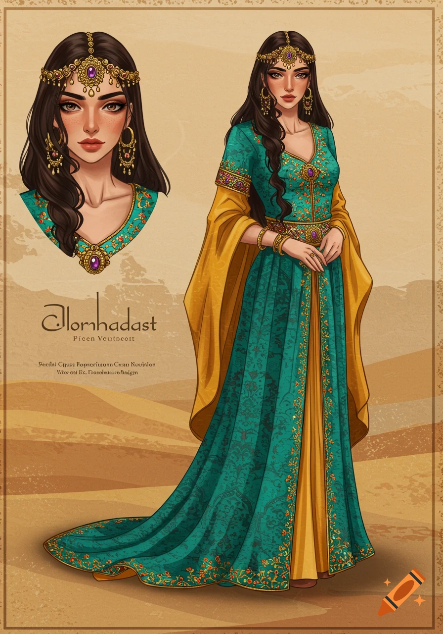 An illustrated character design of a woman in an ornate teal and gold ...