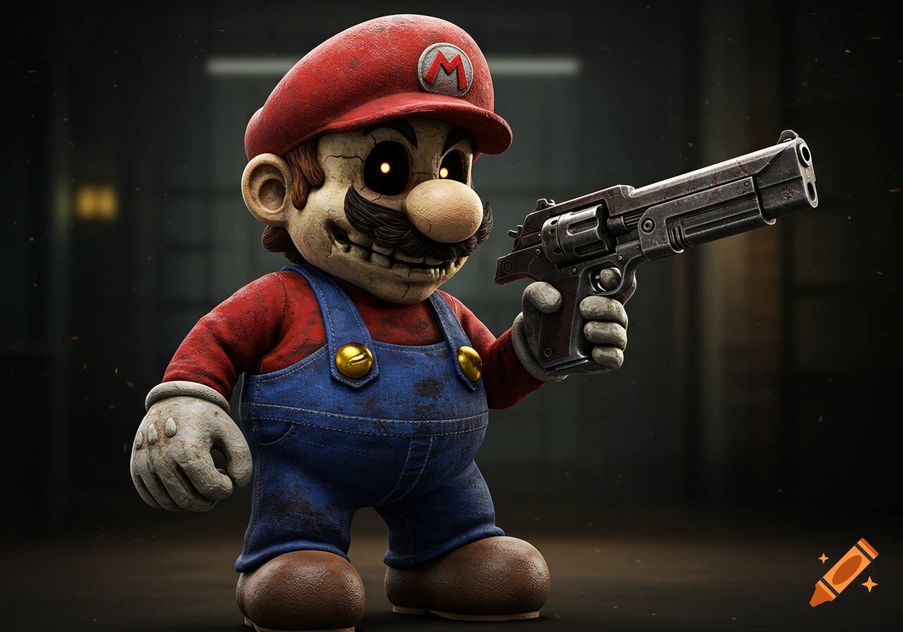 Skeleton Mario with glowing eyes holding a large revolver in a dark ...