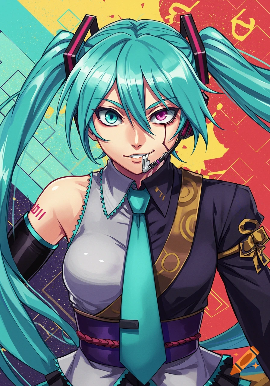 Anime art of Hatsune Miku with a split design, turquoise twintails, and ...