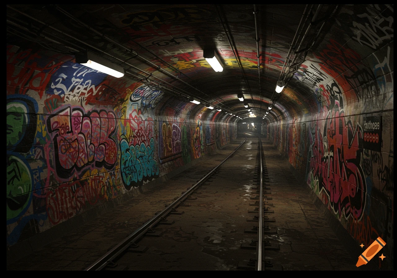 A dark subway tunnel covered in colorful graffiti, with tracks receding ...
