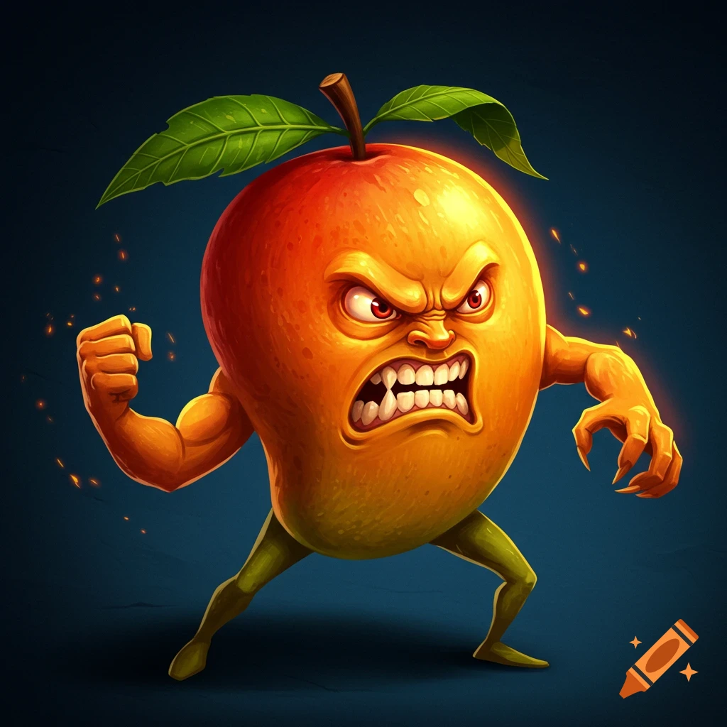 An angry cartoon mango character with clenched fists and fangs, ready ...