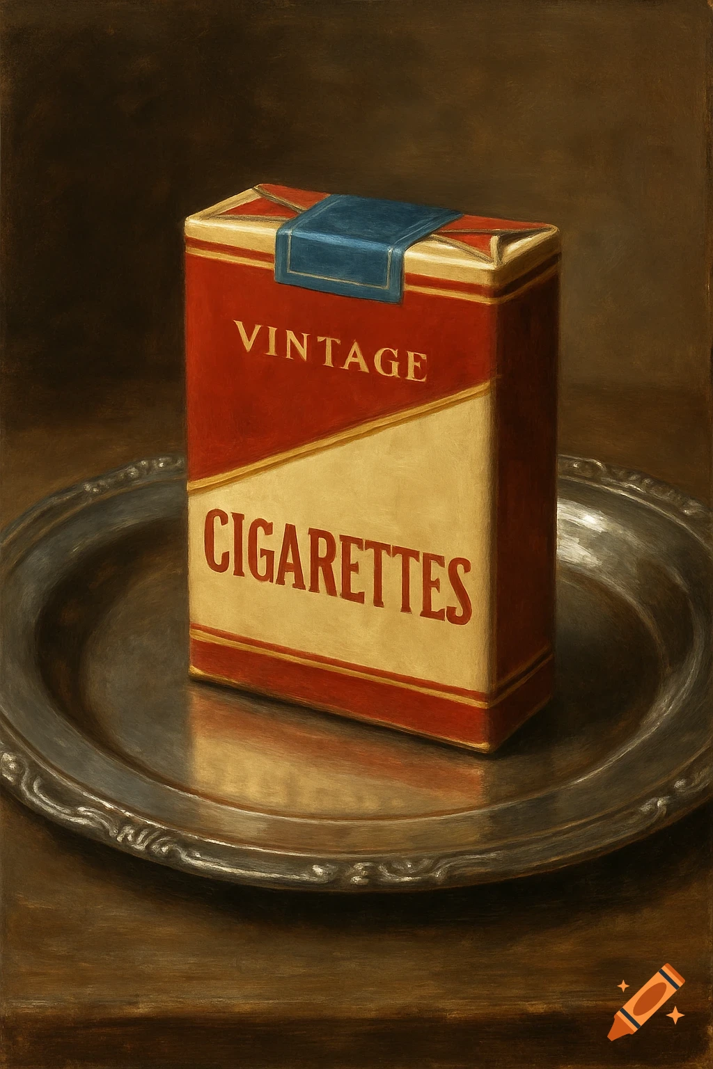 A painted still life of a vintage cigarette pack on a silver tray. on ...