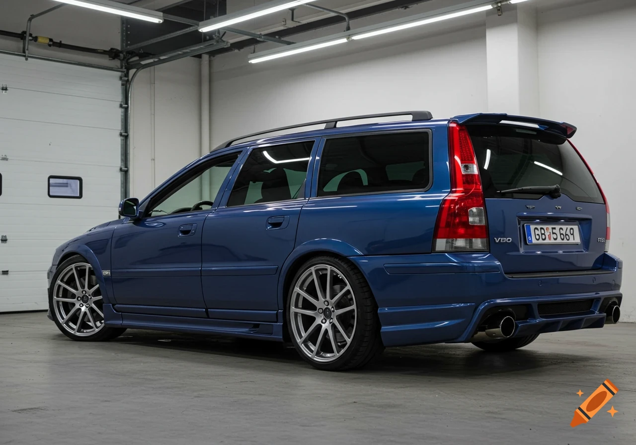 A blue Volvo V70 station wagon parked in a garage. on Craiyon