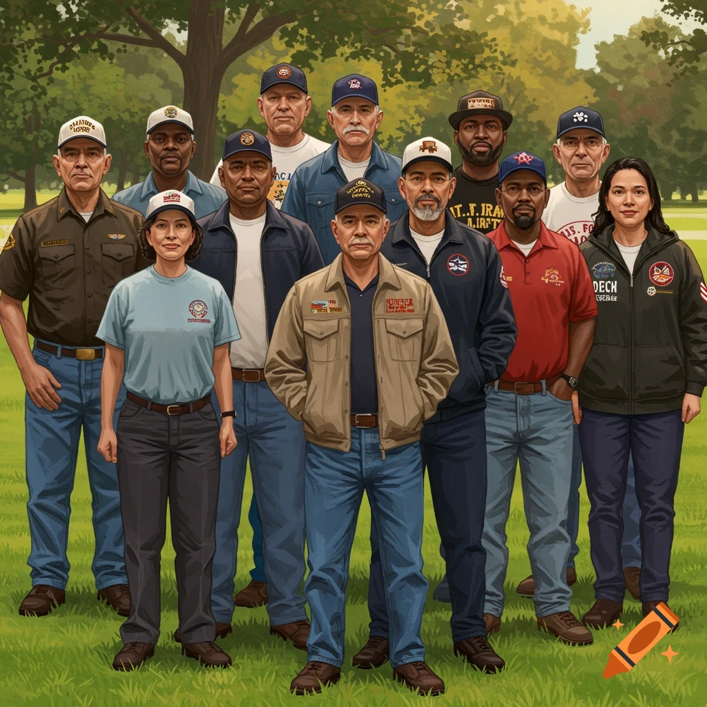 A group of US military veterans stand together in a park. on Craiyon